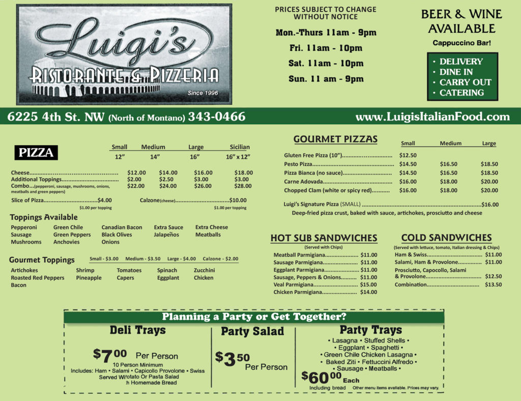 Menu – Luigi's Restaurant & Pizzeria Albuquerque